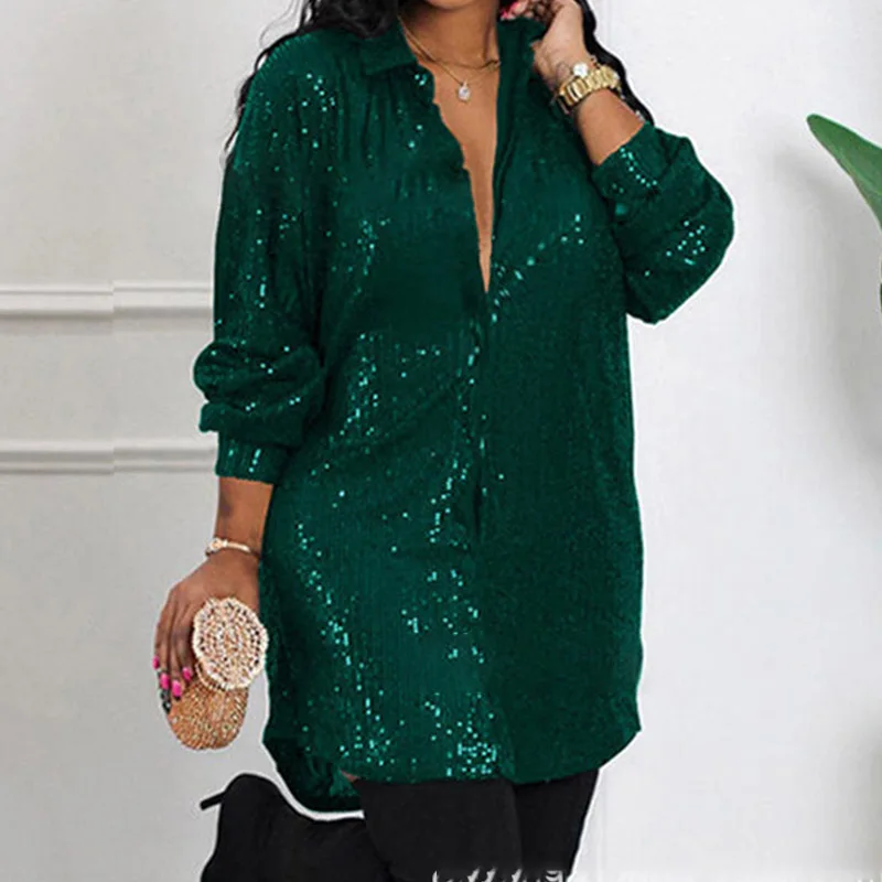 Women Glitter Button Up Party Shirt Sexy Solid Color Sequins Club Loose ...