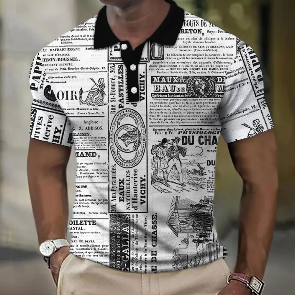 Vintage-Men-s-Polo-Shirt-Newspaper-Pattern-T-Shirt-Printed-Polo-Shirts ...