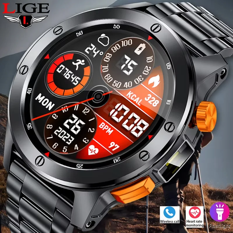 LIGE Men SmartWatch With LED Flashlight 100+ Sports Mode Voice ...
