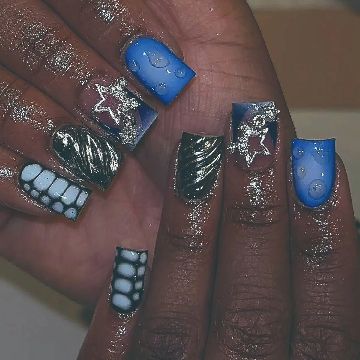 Unhas-posti-as-curtas-para-meninas-3D-Wave-Sliver-Star-Design-azul ...