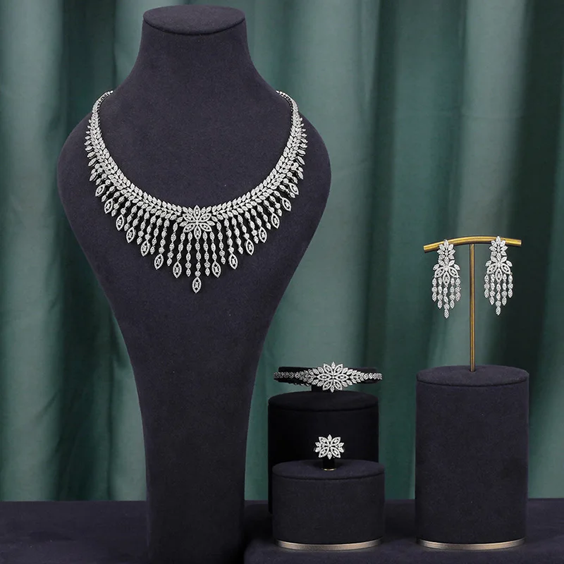 Dazzling Women Wedding Jewelry Set 4 PCS Ring Earring Bracelet Necklace ...