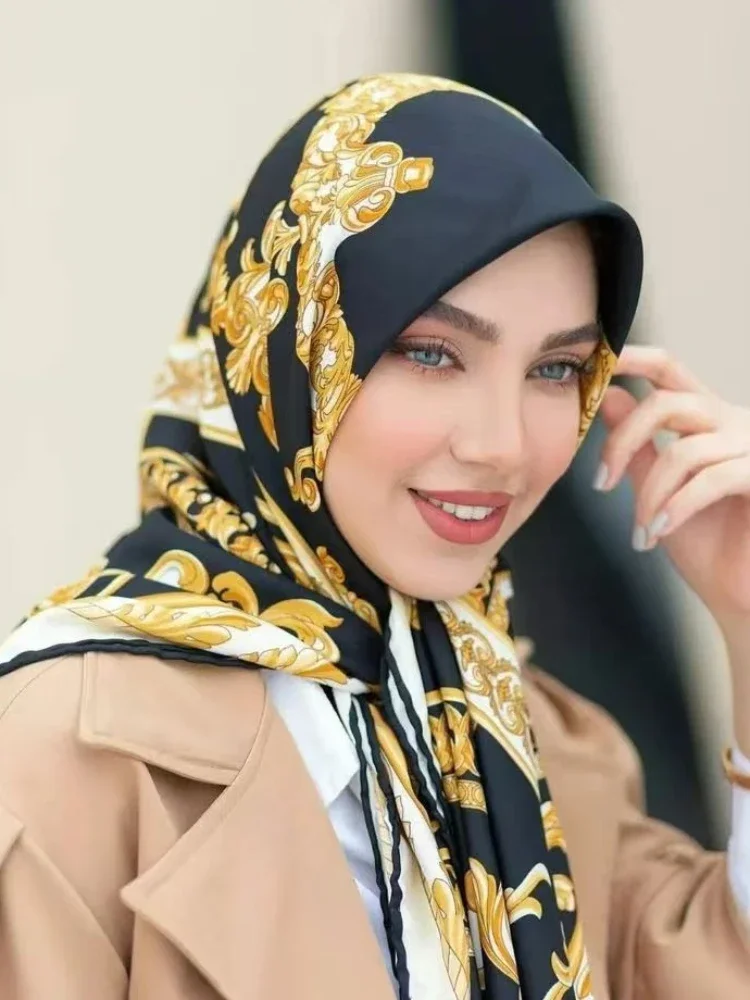 New Chain Printed Large Square Scarf Silk Hijabs for Women Muslim ...