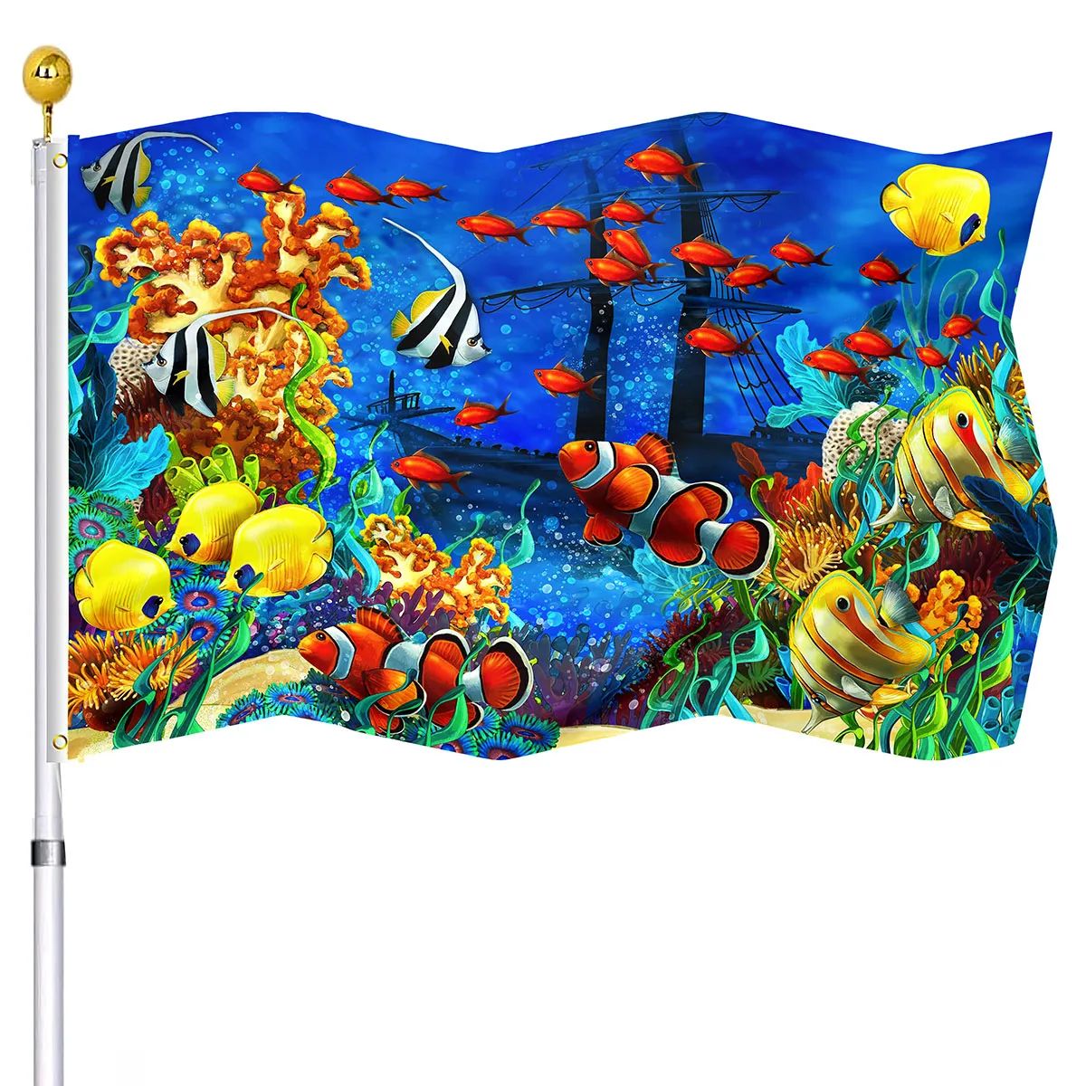 Blue-Ocean-Flag-Underwater-Life-Coral-Reef-Fish-Flags-with-Brass ...