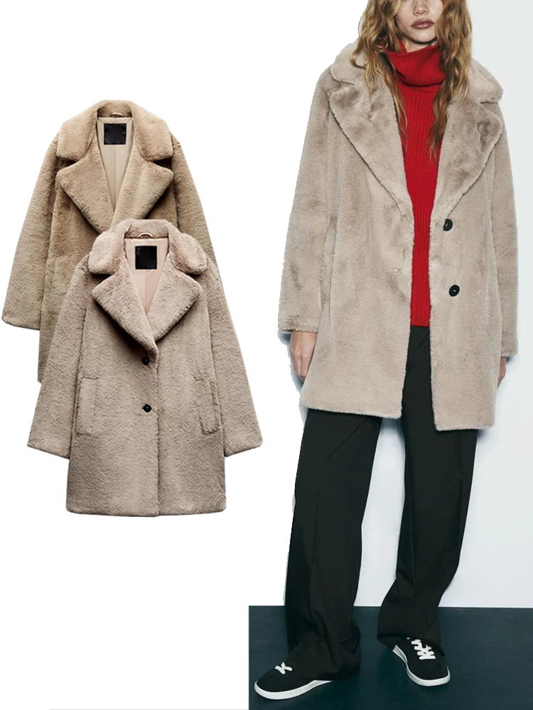 TRAF-Women-s-Fashion-Faux-Fur-Coat-Winter-New-Lapel-Long-Sleeve-Pocket ...