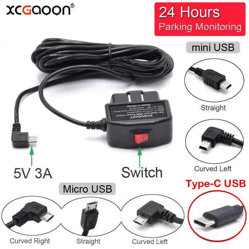 24Hours Mini Mico USB Ports 5V 3A Car Charge Cable OBD Hardwire Cord 3 ...