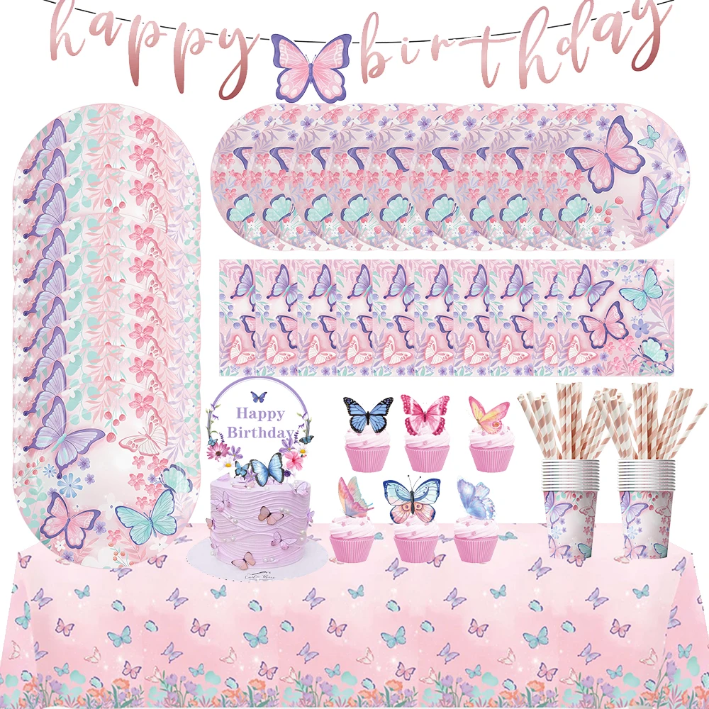 Pink Butterfly Birthday Party Disposable Tableware Plate Cup Napkin for ...