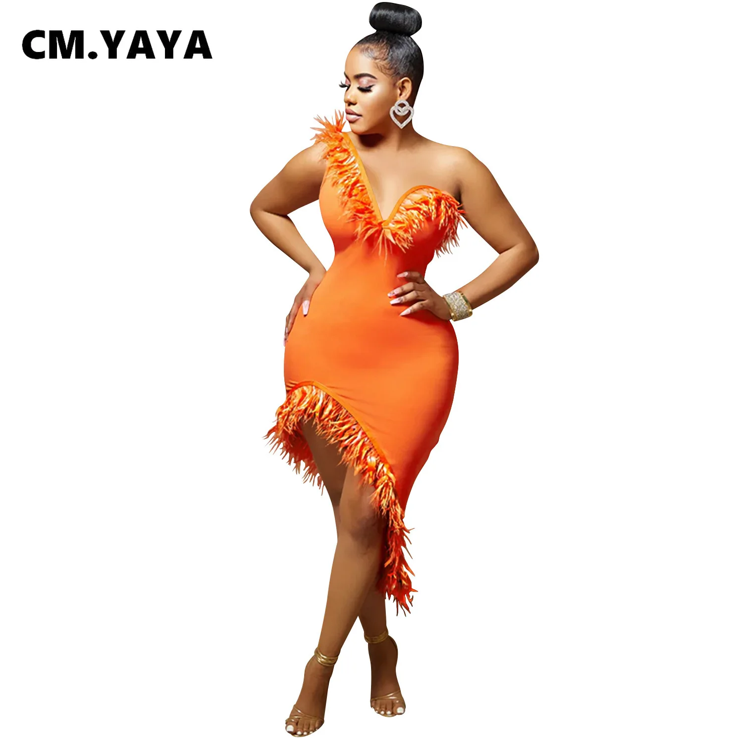 CM.YAYA 2022 Summer Women Dress Solid Strapless Feather Sexy Sleeveless Night Club Party Midi ...