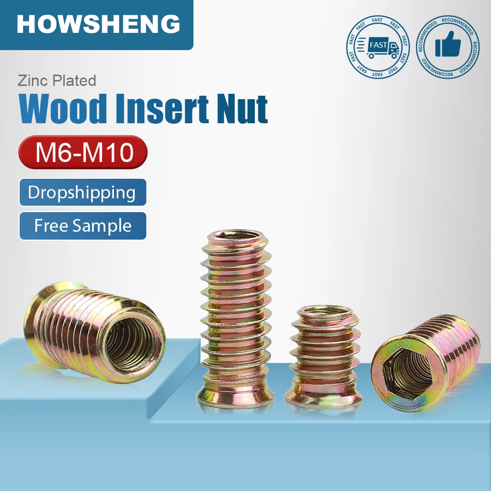 HOWSHENG-5-40pcs-Wood-Insert-Nut-M6-M8-M10-Carbon-Steel-Zinc-Plated ...