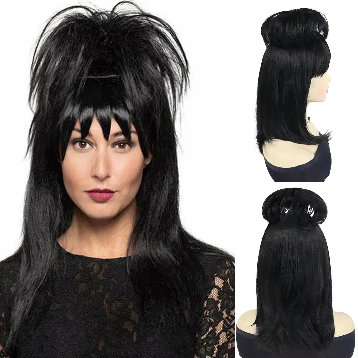 Synthetic Long Straight Black Cosplay Wig with Fluffy Removable Bun for ...