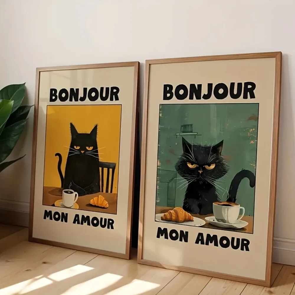 2pcs/set Frameless Funny Black Cat Coffee Canvas Poster,Bonjour Mon ...