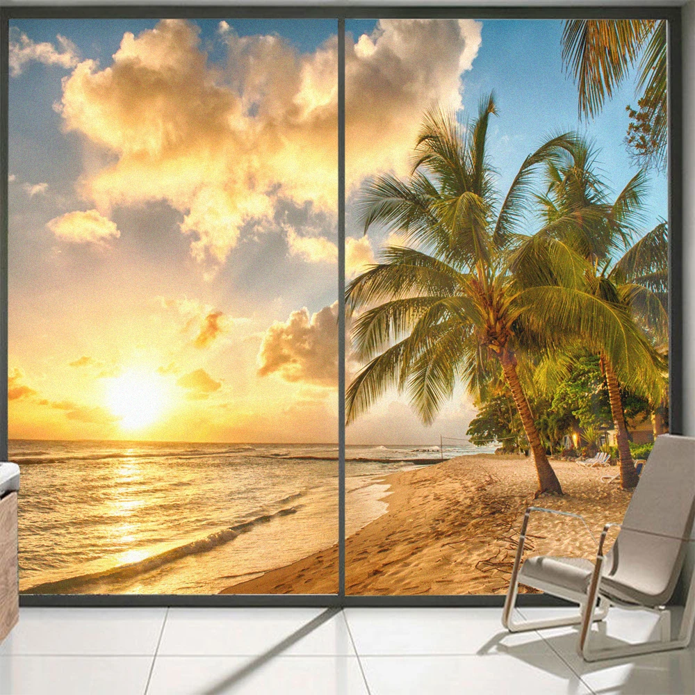 Privacy Windows Decorative Film Sunset Seascape Pattern Frosted Glass ...
