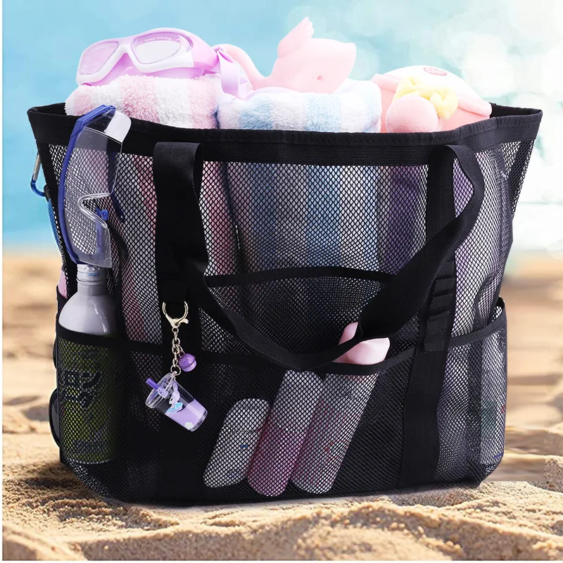 Summer-Mesh-Tote-Bag-For-Women-Black-Portable-Handbag-Vacation-Beach ...