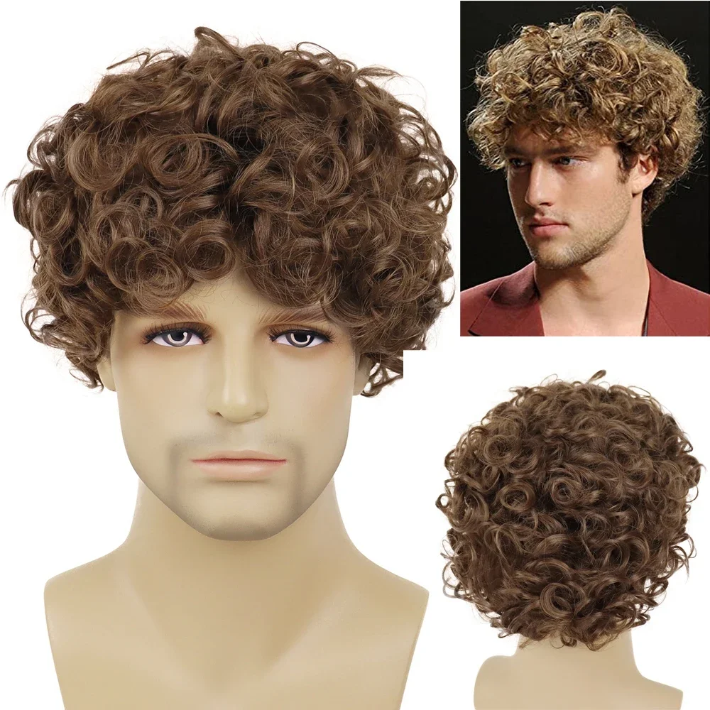 Short Curly Wig with Bangs|Fashion Brown Wig Man|Natural Hairstyle ...