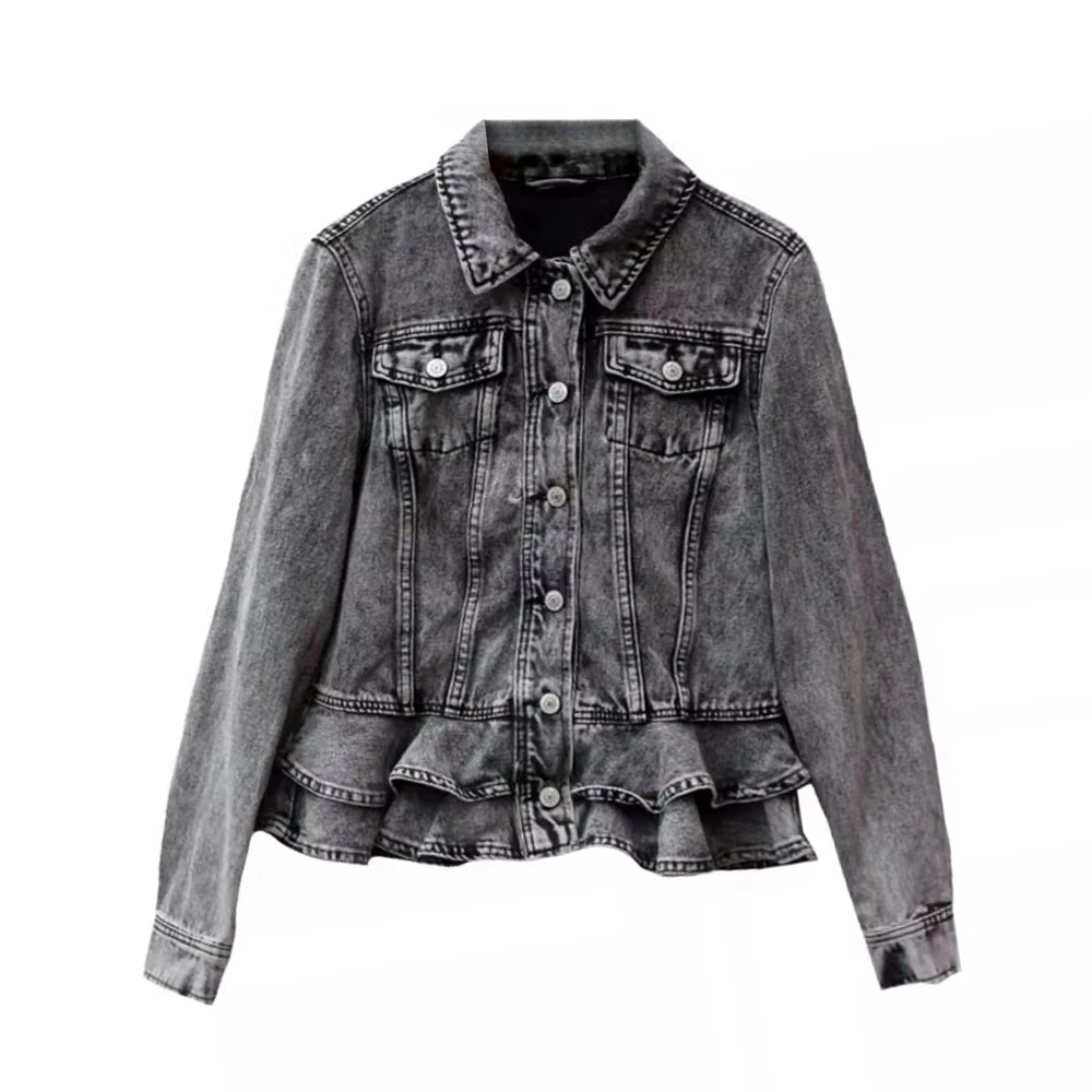 New Patchwork Ruffle Women's Denim Jacket Grey Lapel Long Sleeve Tunic ...
