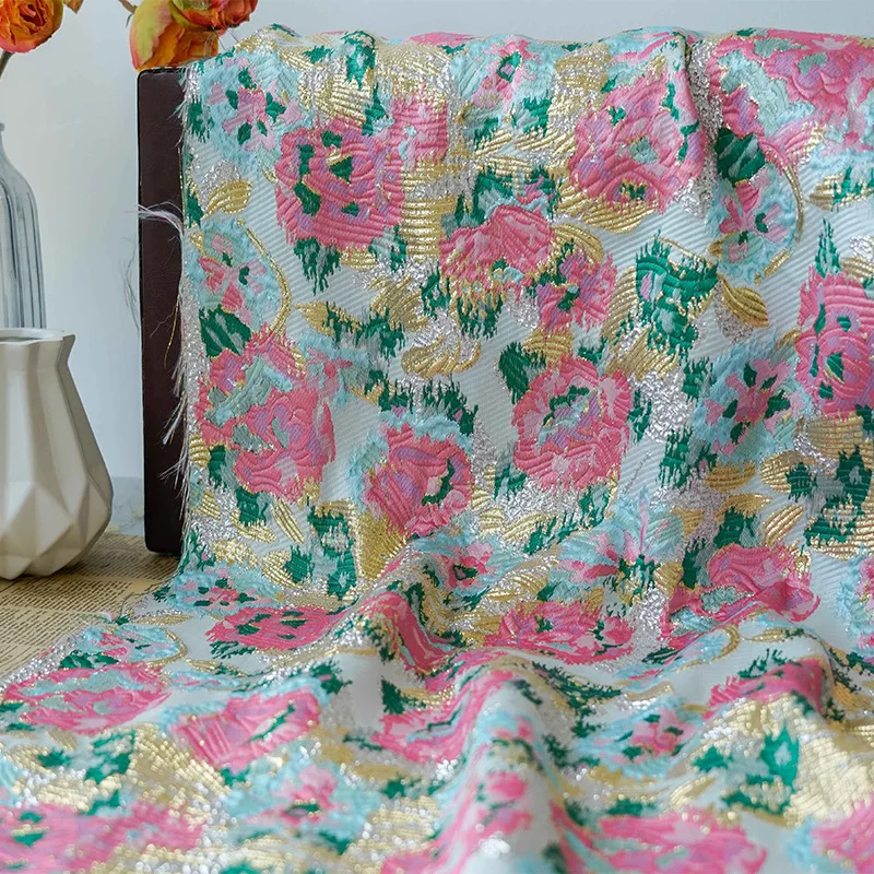 Retro-Golden-Silk-Large-Flowers-Yarn-Dyed-Fabric-Women-s-Classic ...