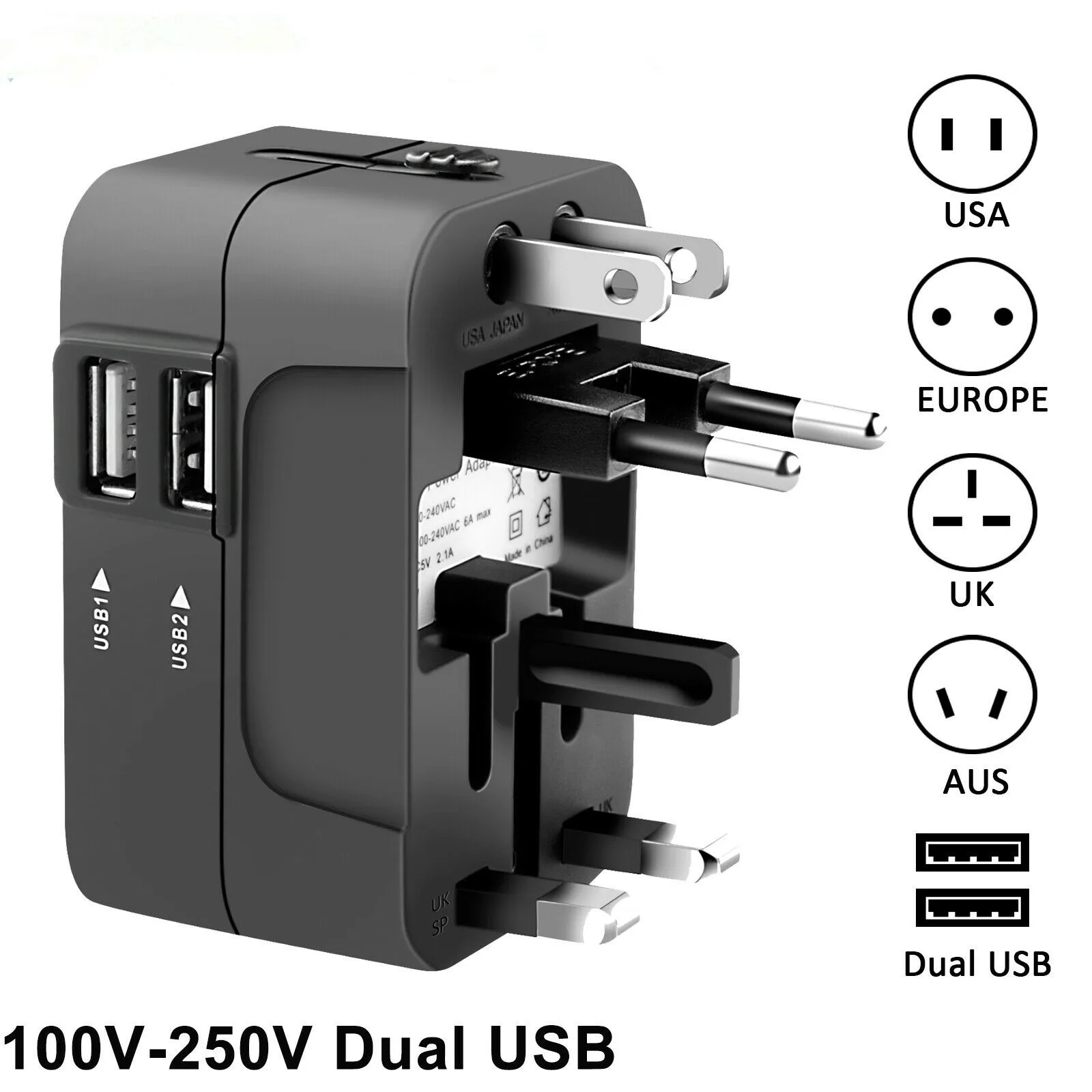 Universal Travel Adapter Multi-pin Plug Dual USB Port Power Outlet ...