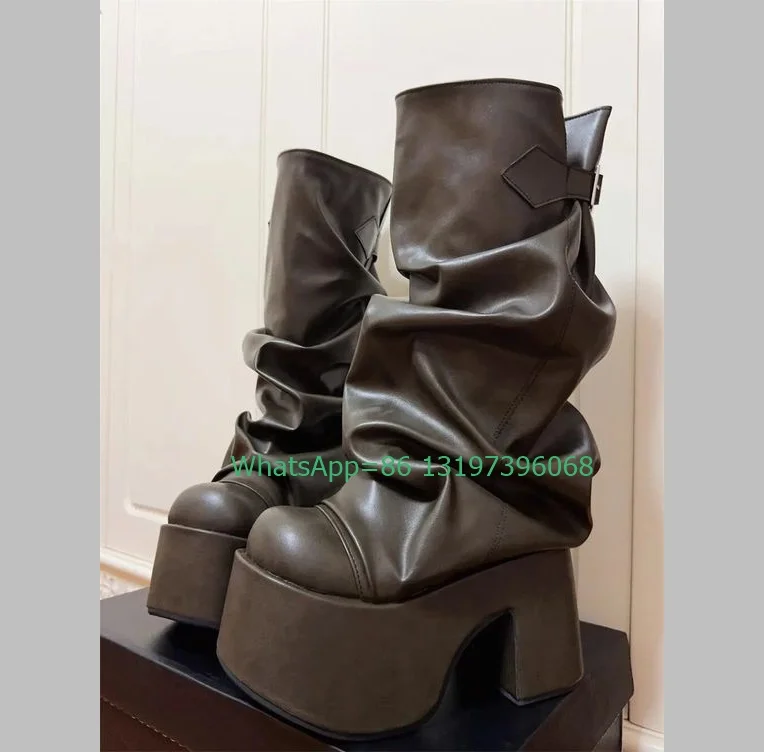Lady Punk Brown Pu Pleated Calf Boots Platform Chunky Heel Gothic Style ...