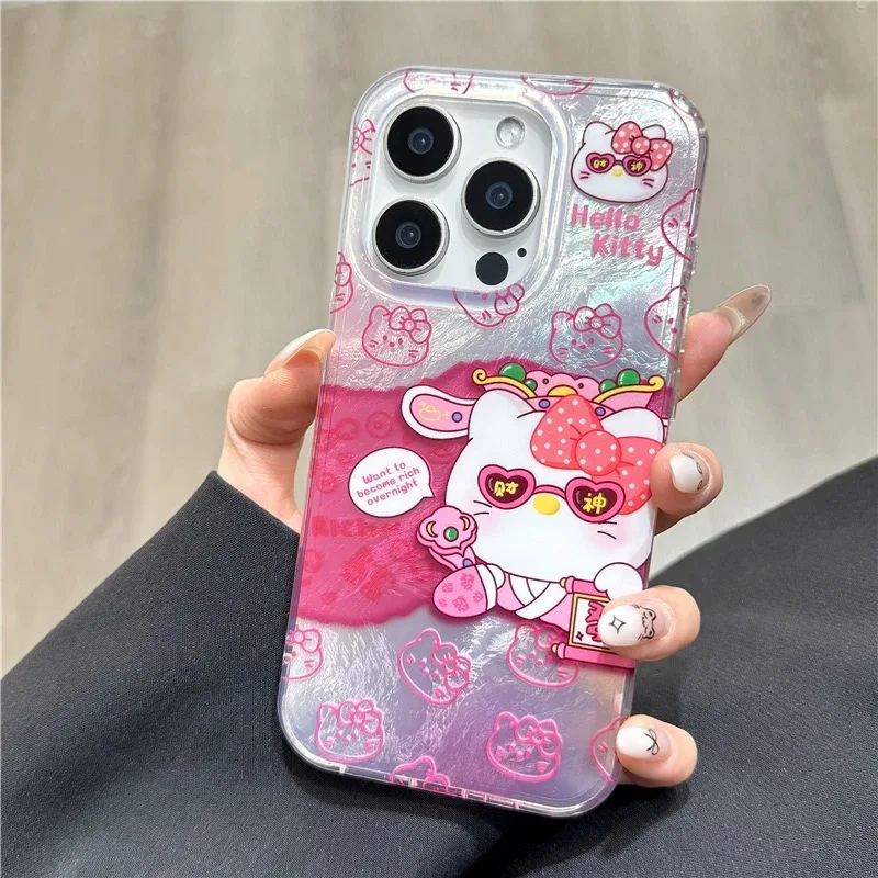 Rich Hello Kitty Pink Diamond Bow Strap Laser Phone Case For iPhone 16 ...