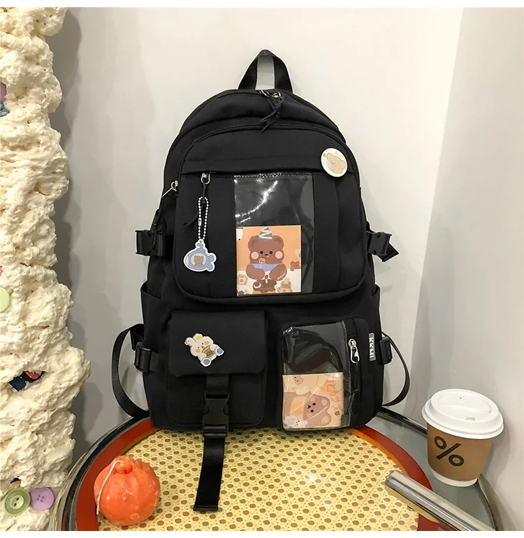 Mochila Kawaii Coreana Negro Rosa con Pines y Peluche para Mujer Niñas ...