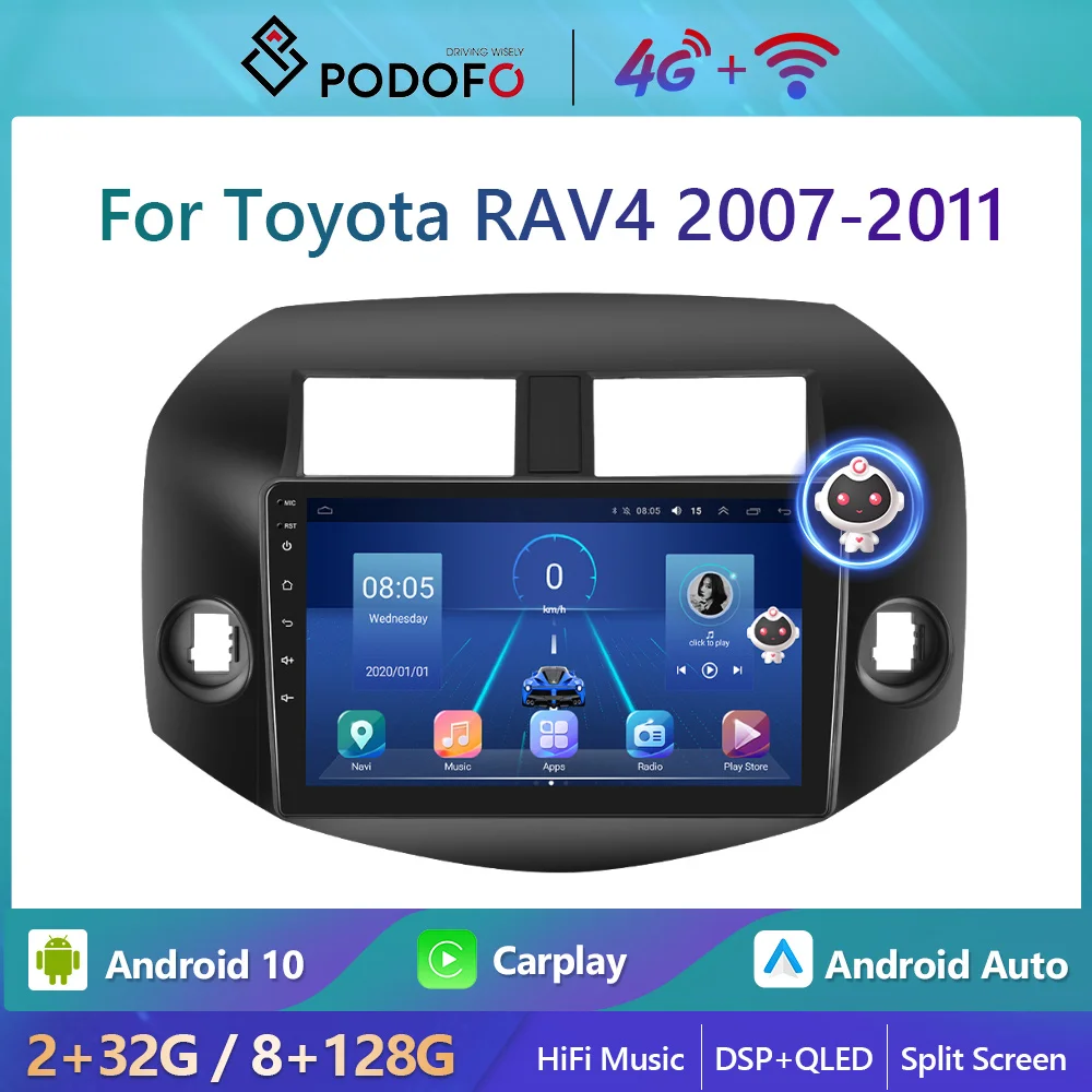Podofo Android10 4G WiFi Car Radio For Toyota RAV4 2007 2011 8+128G ...