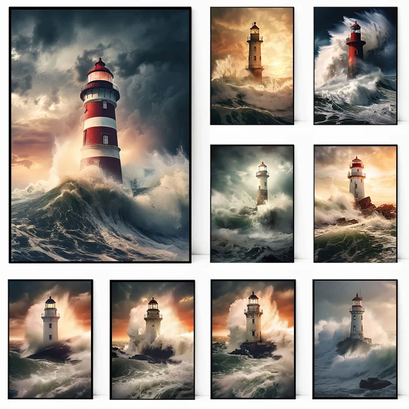 Lighthouse-Art-Poster-Sunrise-sunset-wave-photo-canvas-printing-wall ...