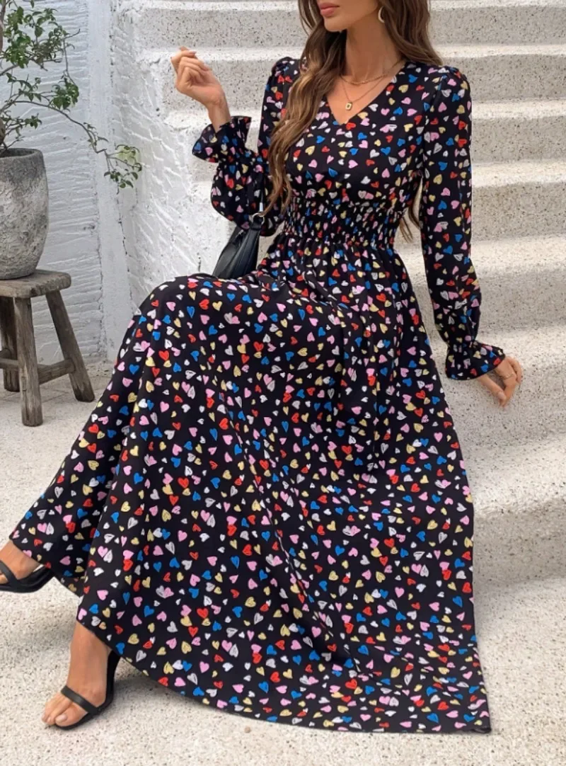 Women's Fashion Vintage and Elegant Long Autumn Dress Floral Print V ...