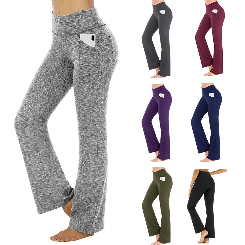 Straight-Flare-Pants-Elastic-High-Waist-Yoga-Pockets-Casual-Holiday-Women-Clothing-Solid-Basic ...
