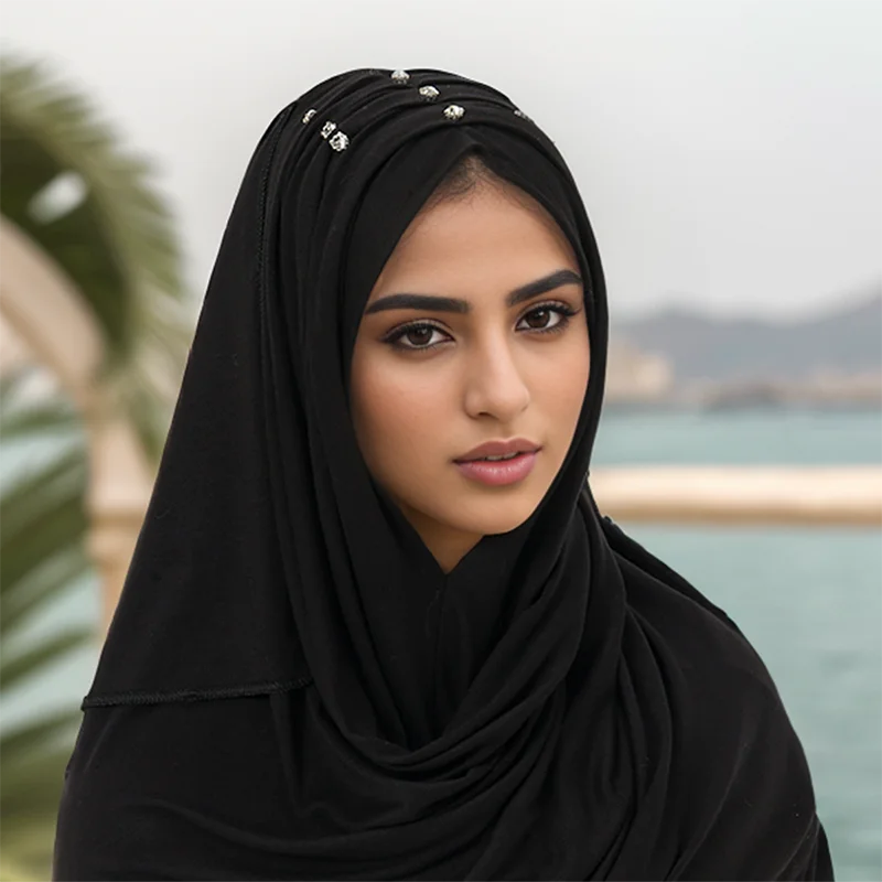 Newest-Diamond-stud-Cotton-Hijab-Muslim-Elastic-Shawl-Solid-Long-Scarf ...