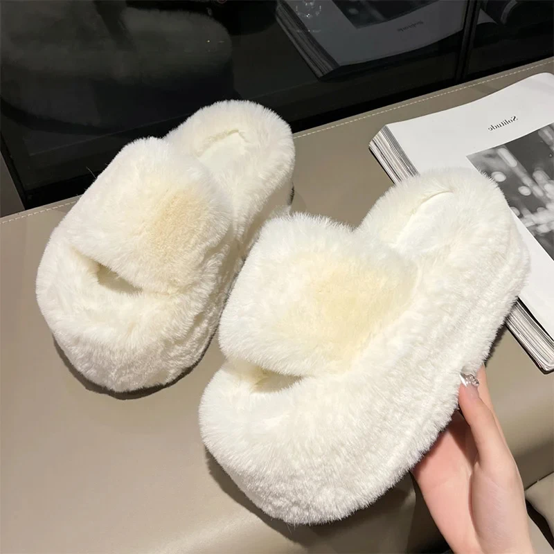 Chunky White Fur Slippers Women Autumn Winter Thick Bottom Fluffy Plush ...