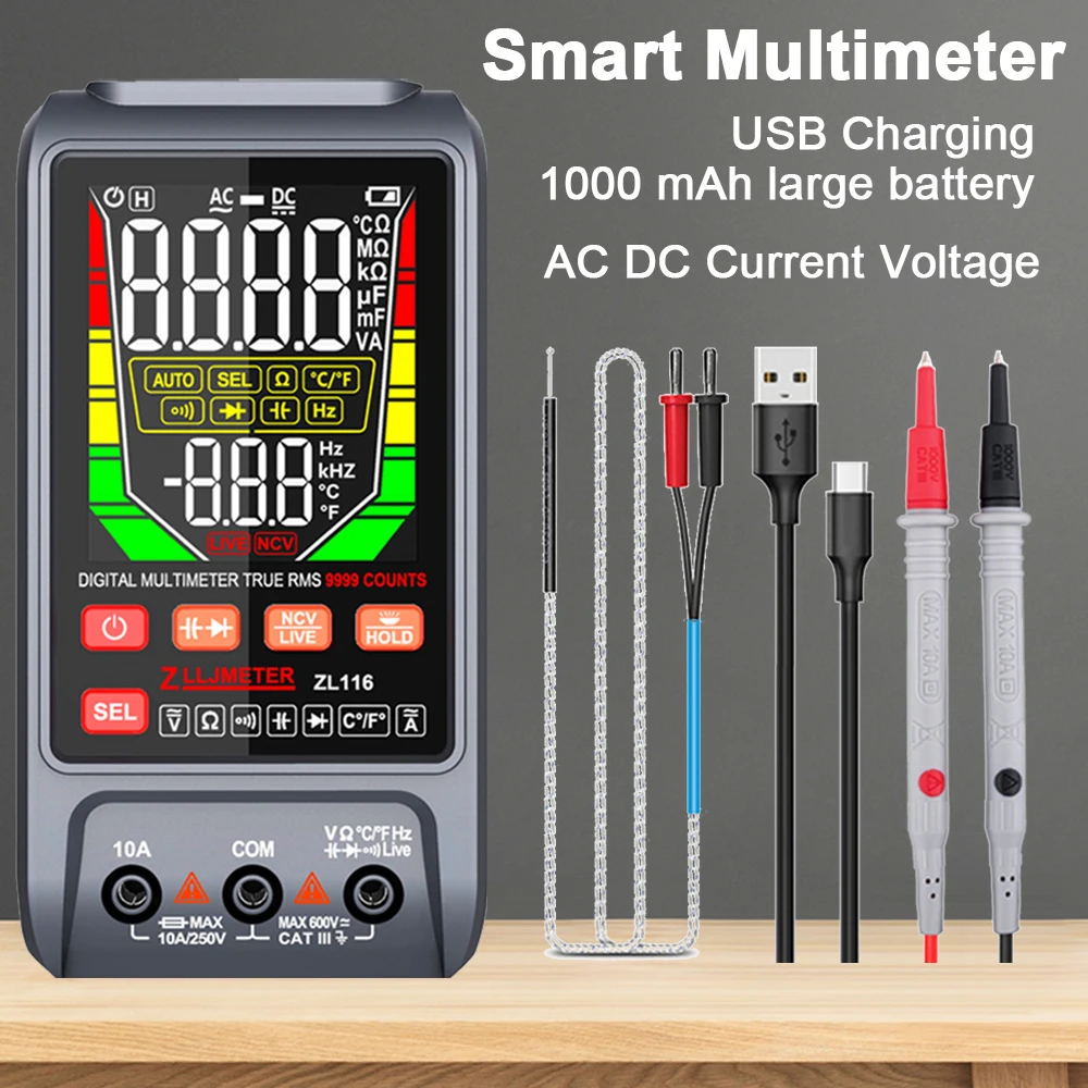 Multímetros inteligentes de pantalla grande con carga USB, Digital, DC ...
