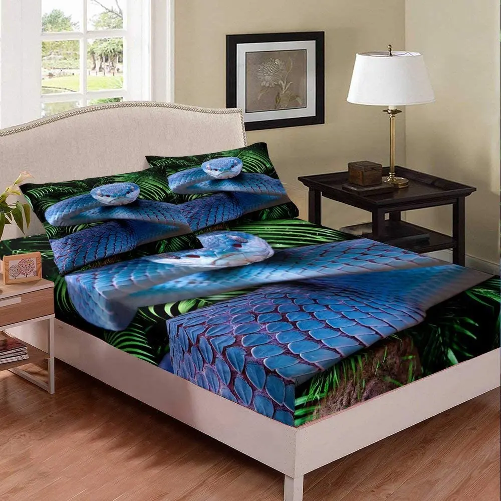 Snake-Bedding-Set-Twin-Blue-Snake-Fitted-Sheet-3D-Reptile-Bed-Cover ...