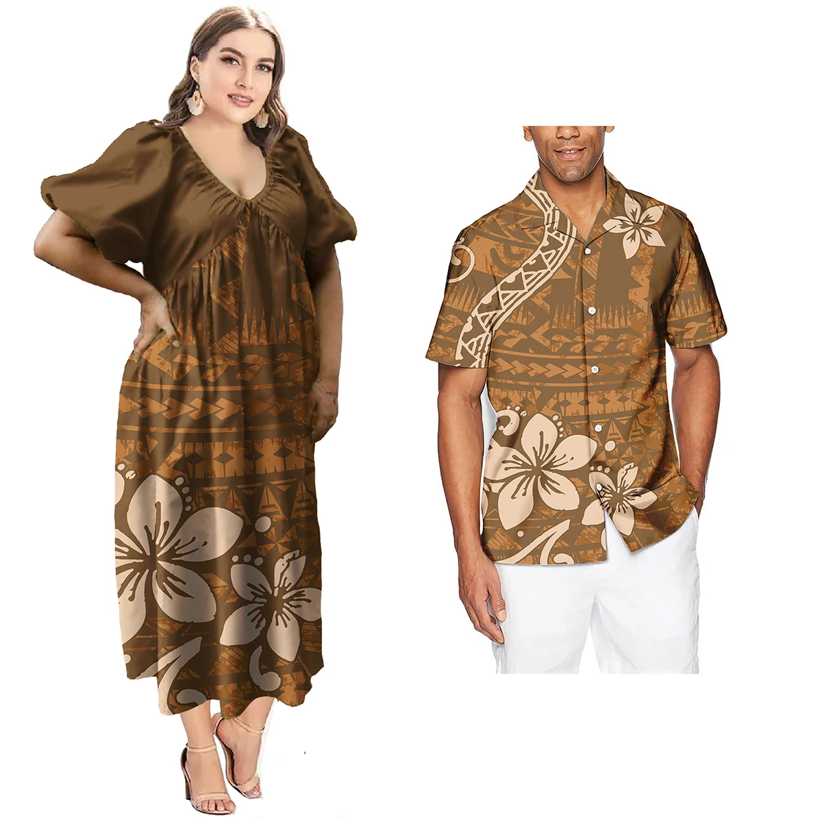 Fashion-Polynesian-Tribal-Pattern-Tribal-Couples-Set-2-pcs-Men-Aloha-Shirts-Women-Dress-Samoan ...