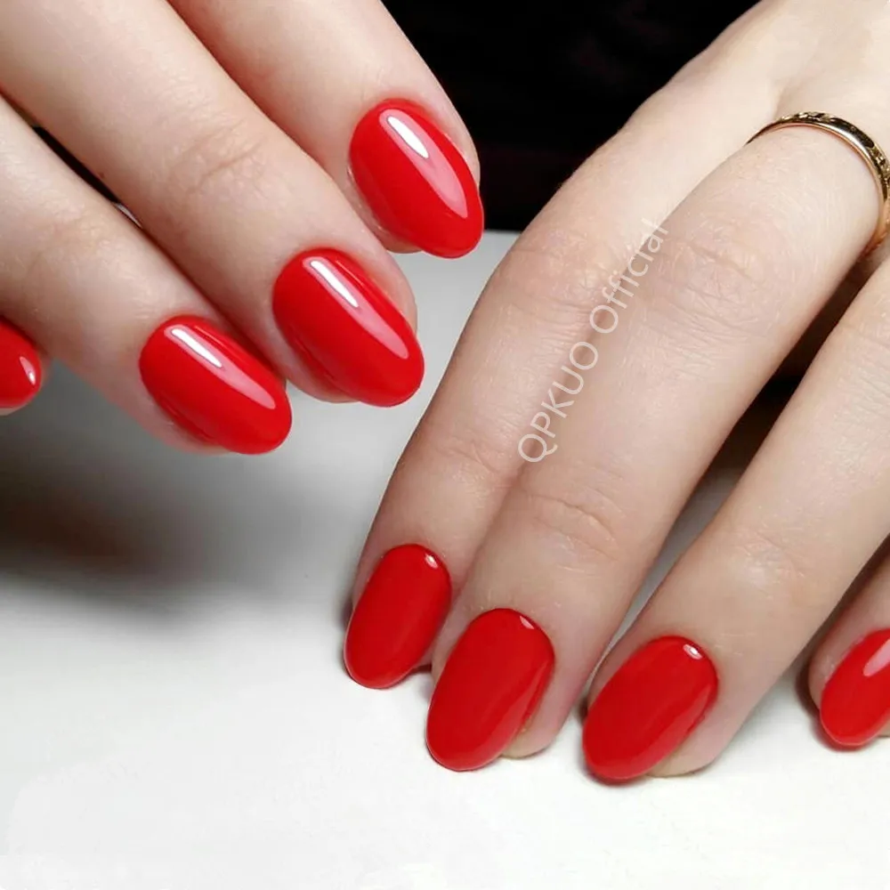 Decorated-Red-Short-False-Nail-With-Glue-Artificial-Press-On-Fake-Nails ...