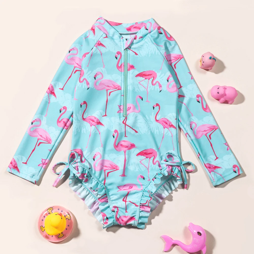 Girls-Long-Sleeve-Flamingo-Swimwear-Summer-Beach-Bathing-Suit-One-Piece ...