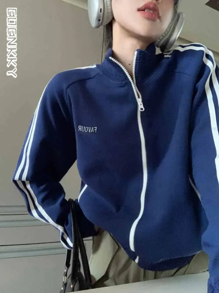 Sports-Cropped-Jacket-Women-Harajuku-Stripe-Zipper-Outwear-College ...