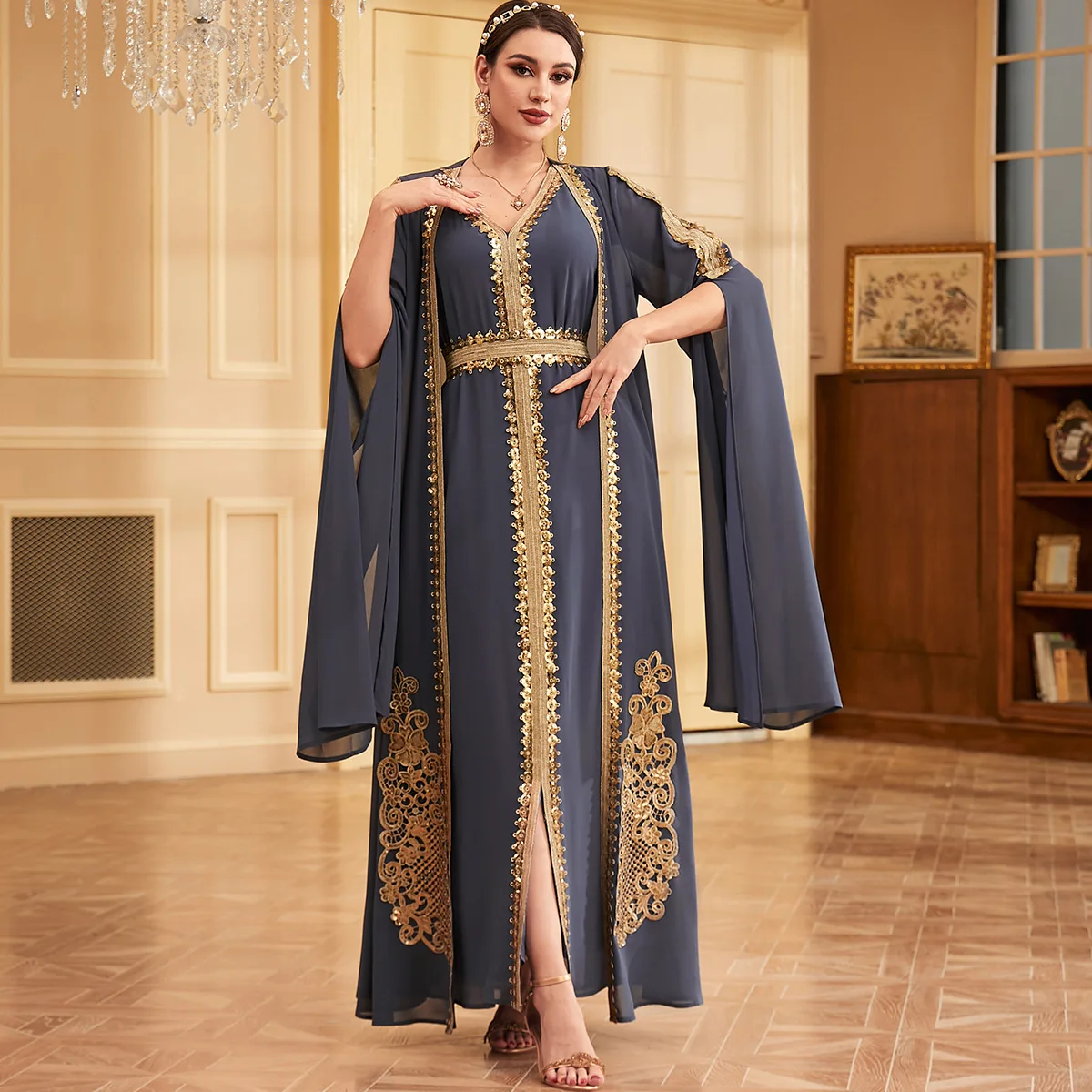 Muslim-Eid-Al-Adha-Fashion-Two-Piece-Shiny-Embroidery-Women-Abayas-and ...