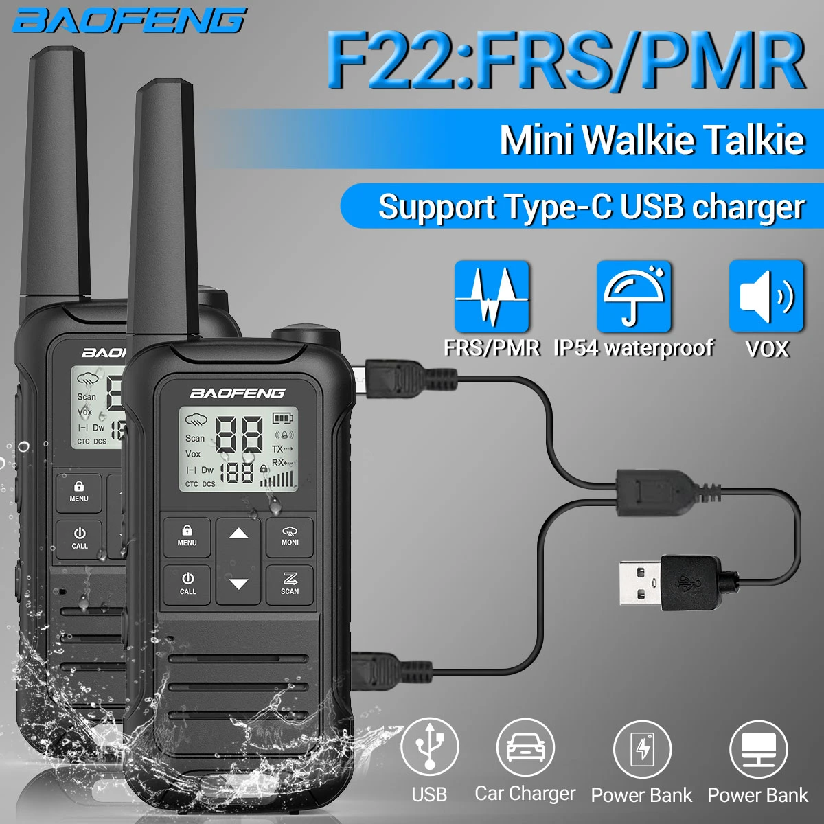 2Pcs Baofeng F22 PMR446 FRS Type C Charger Walkie Talkie Licence free Portable LCD Display VOX ...
