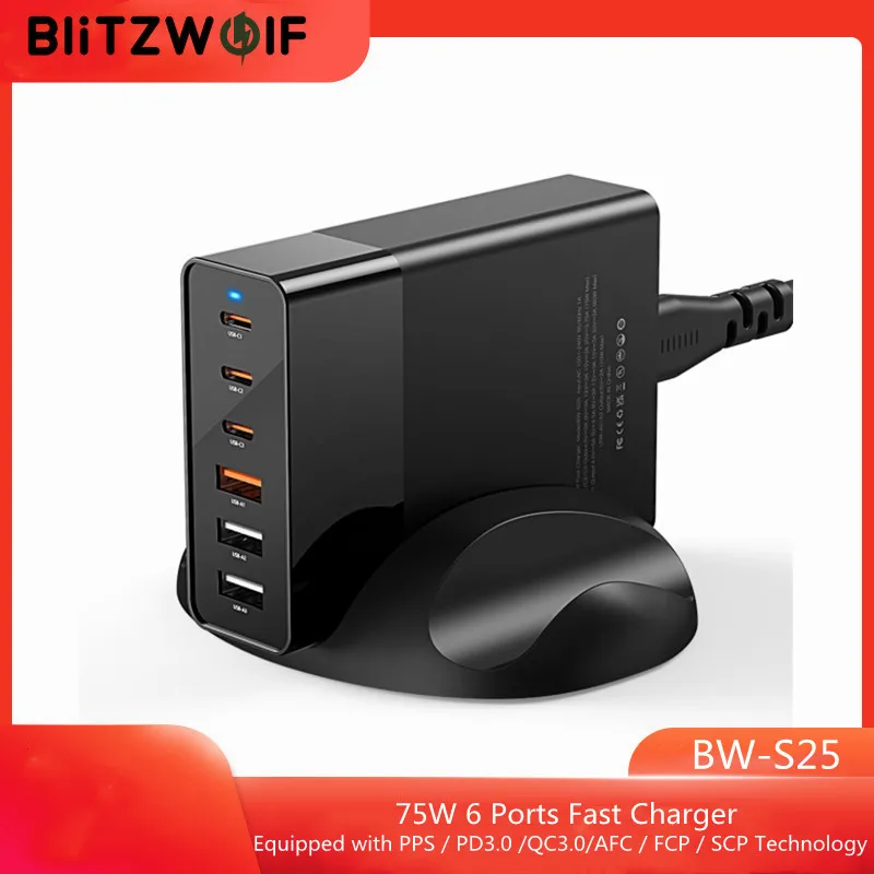 BlitzWolf BW S25 75W 6 Ports Fast Charger PPS PD3.0 QC3.0 SCP Fast ...