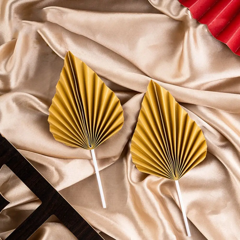 2pcs-Gold-red-Palm-Leaf-Cake-Topper-Tropical-Style-Paper-Folding-Fan ...