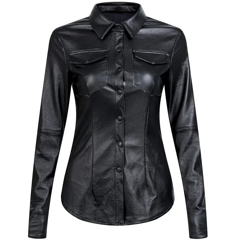 Camisa-de-piel-sint-tica-para-mujer-Blusa-de-manga-larga-de-terciopelo ...