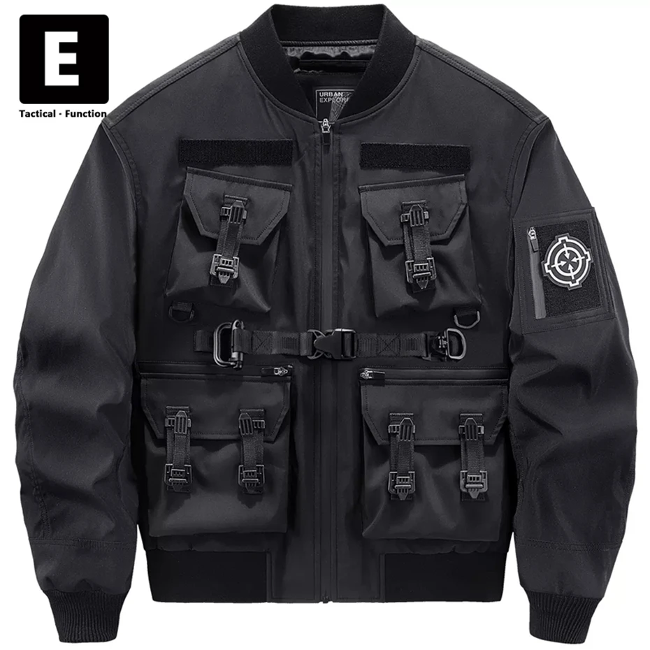 Black Cargo Jacket Men Techwear Multi-pocket Jacket Autumn Streetwear ...