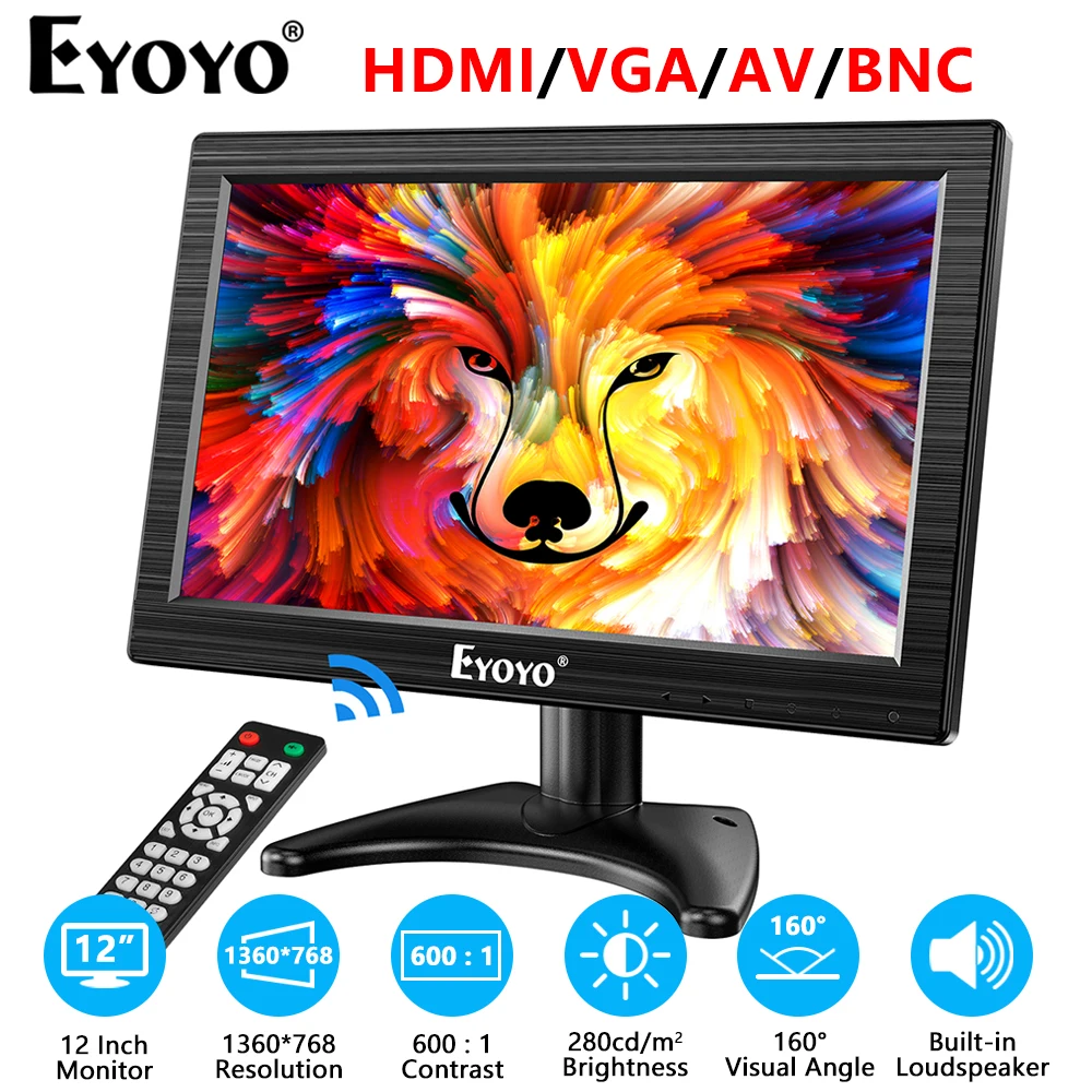 Eyoyo Portable Small TV 12" LCD Monitor Remote Control 1360x768 With ...