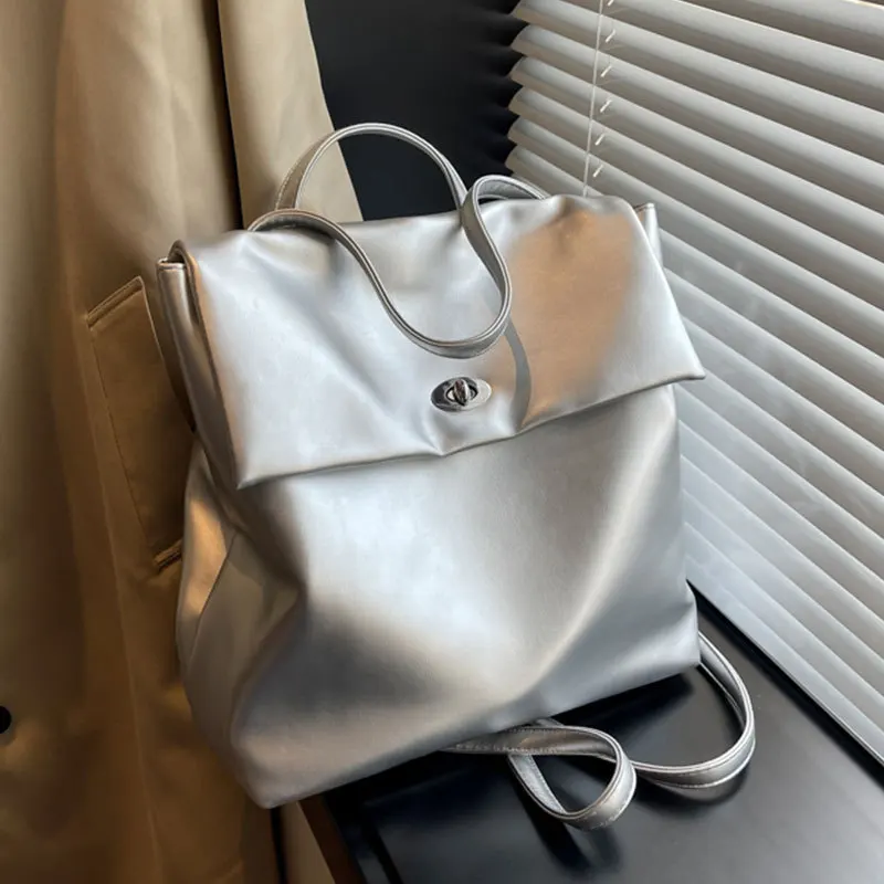 Fashion-Soft-Women-Backpacks-Metallic-Silver-Designer-Backpack-Travel ...