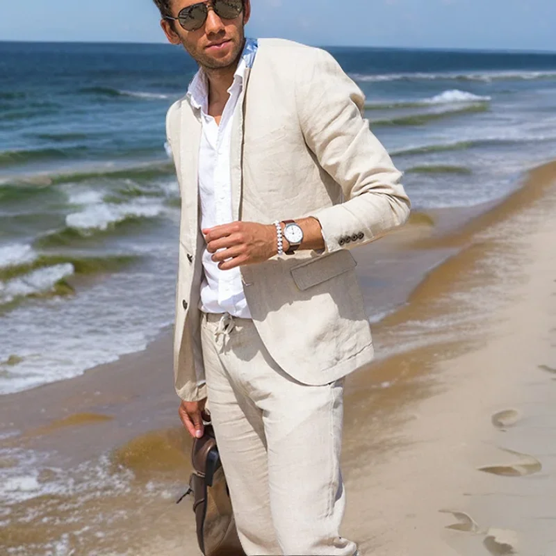 Linen-Beach-Suits-for-Men-Wedding-Groom-Tuxedo-2-Pieces-Prom-Party ...