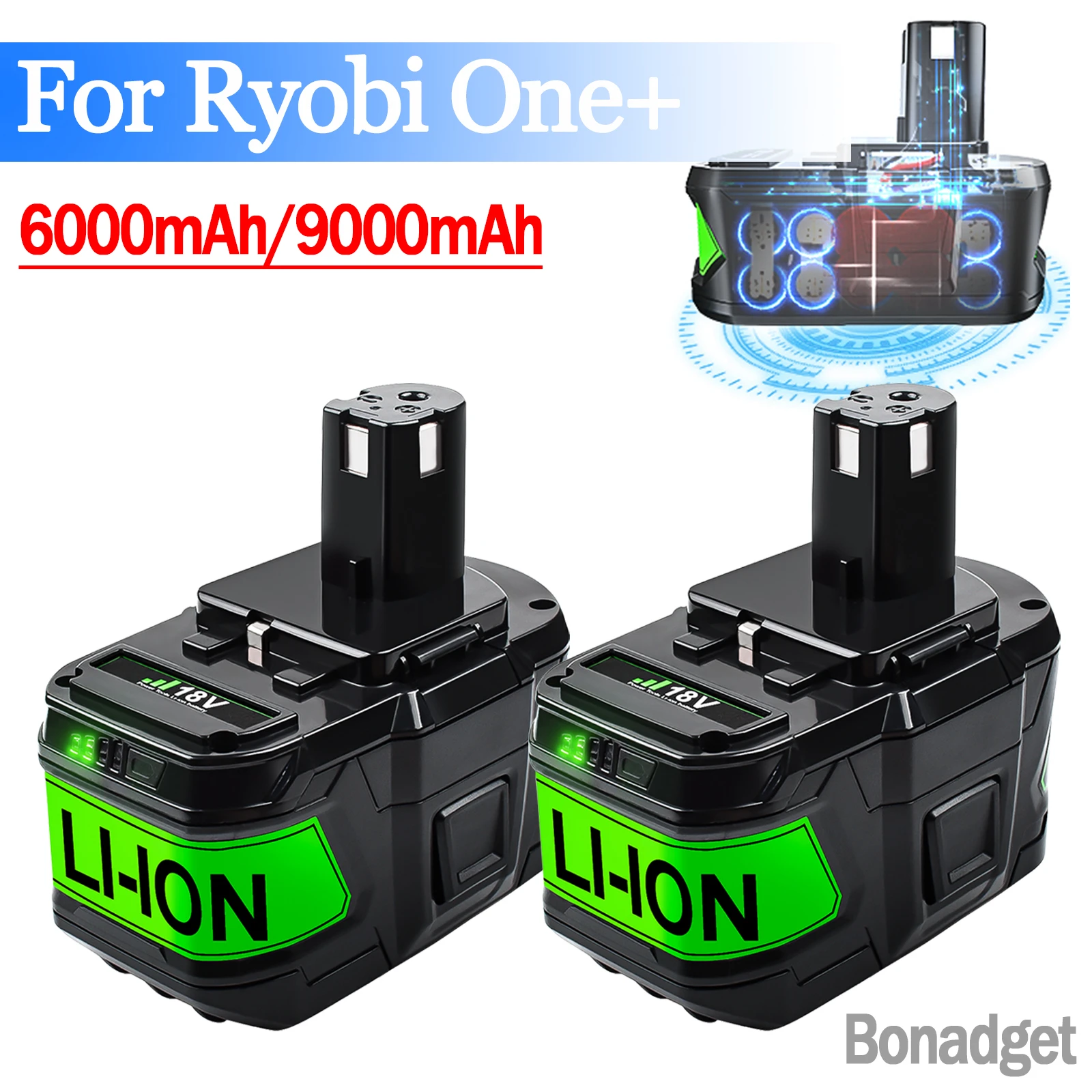 Bonadget 6.0Ah/9.0Ah 18V Replacement Battery for Ryobi 18V Lithium ...