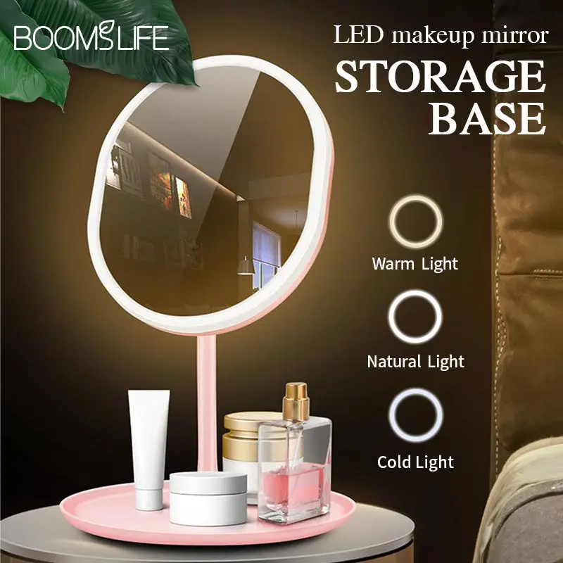Led Makeup Mirror With Light Face Mirror With Storage Desktop Rotating ...