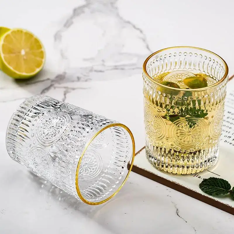 2pcs-Set-Vintage-Sunflower-Glass-Cup-Large-Capacity-Embossed-Gold-Edge ...