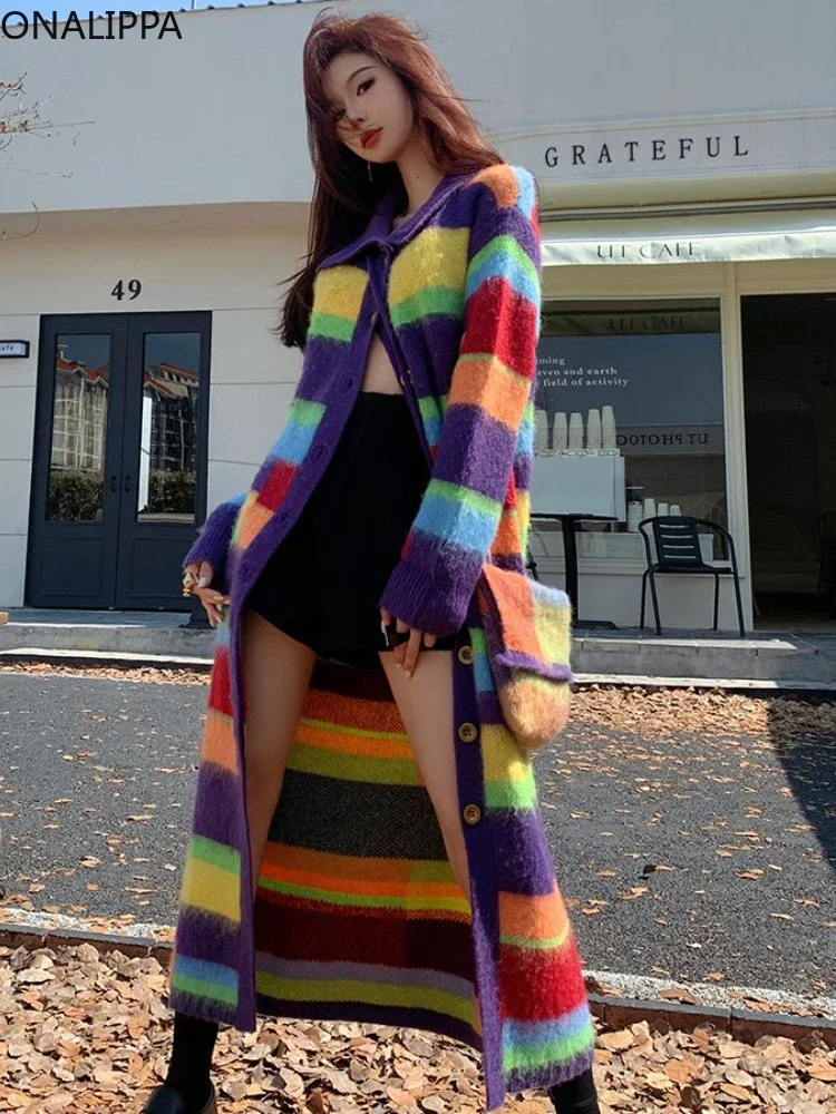 Onalippa-Contrast-Rainbow-Color-Knitted-Long-Cardigan-Women-Single ...