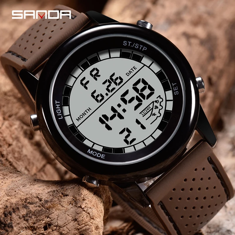 SANDA Mens กันน้ำสแควร์ Multifunction Dual Display นาฬิกาแฟชั่นนาฬิกา ...