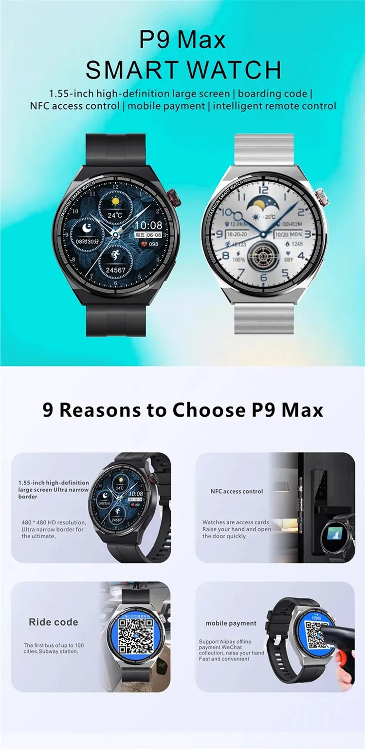 P9 Max Smart Watch Men Women 1.55inch Large Screen NFC AI Voice Sport ...